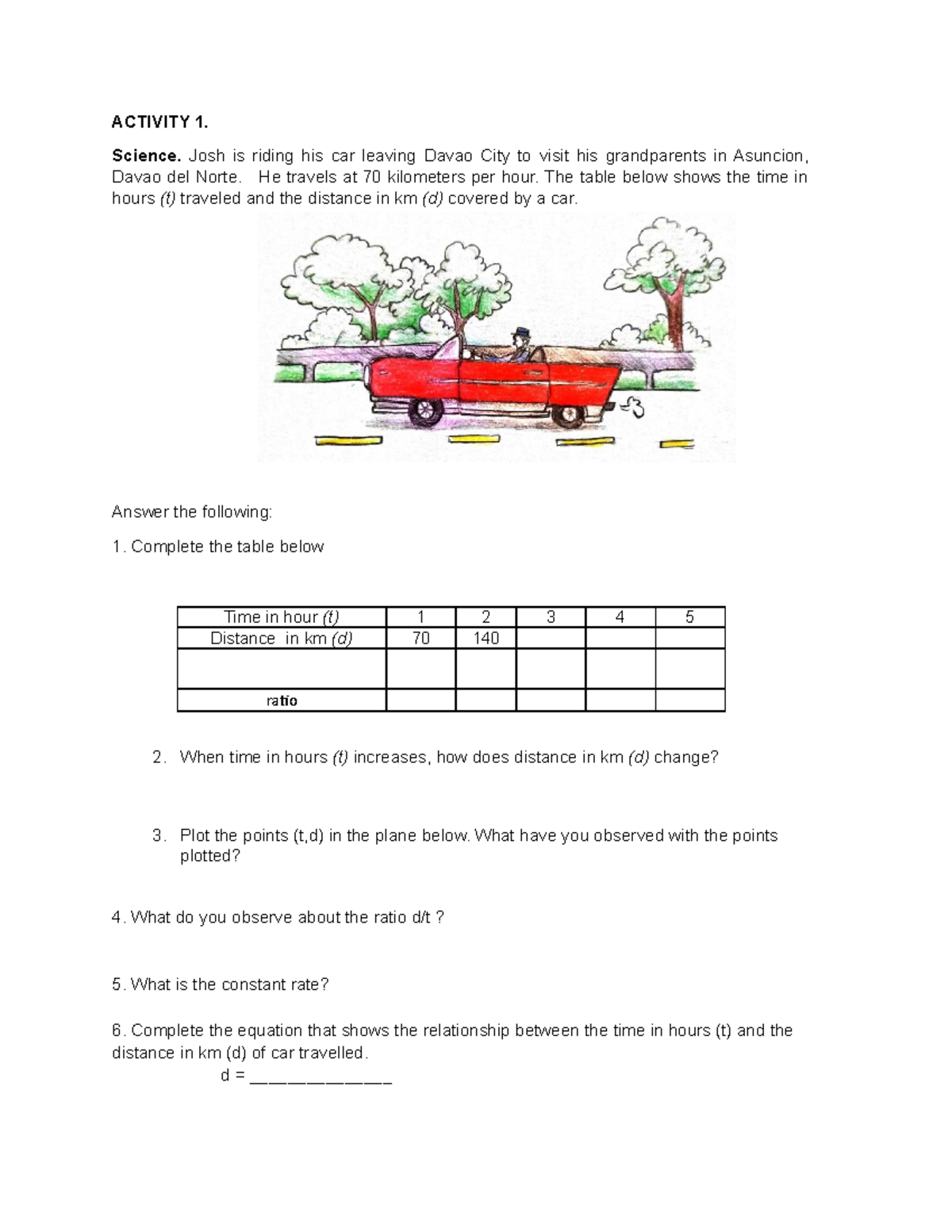 Direct Variation Activity Worksheet - ACTIVITY 1. Science. Josh is ...