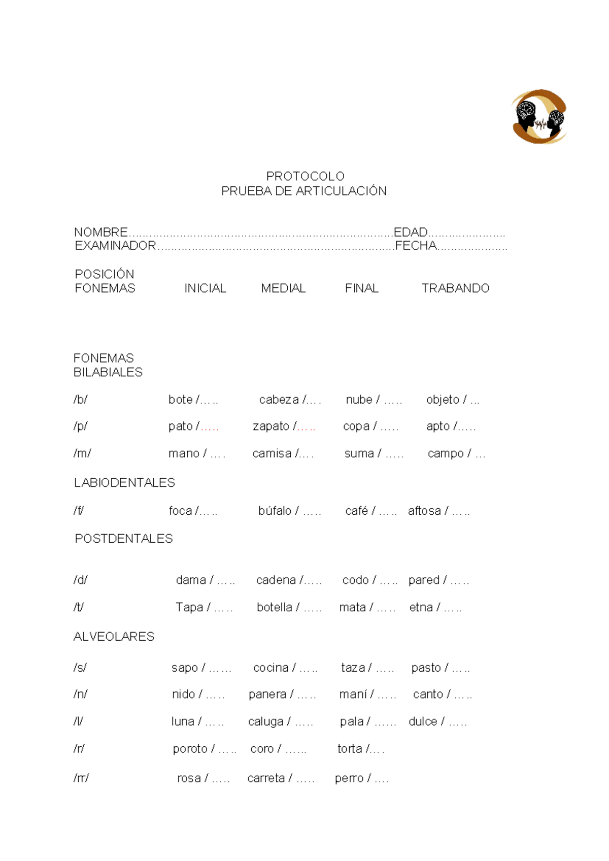 TAR - test de evaluación - PROTOCOLO PRUEBA DE ARTICULACIÓN - Studocu