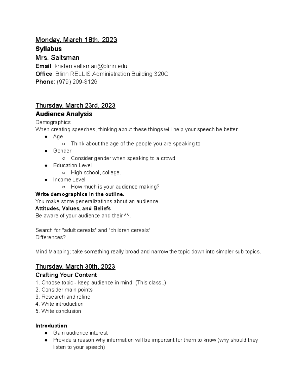 SPCH 1315 - Kristen Saltsman - Monday, March 18th, 2023 Syllabus Mrs ... SPCH 1315 - Kristen Saltsman - Monday, March 18th, 2023 Syllabus Mrs ...