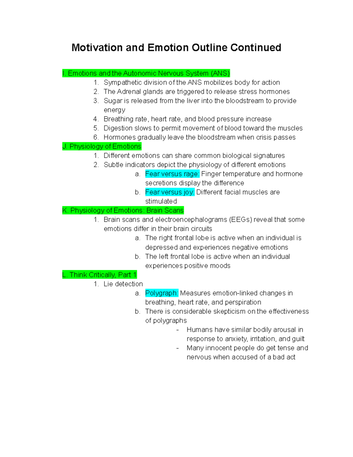 General Psychology-Motivation and Emotion Outline Notes Continued ...