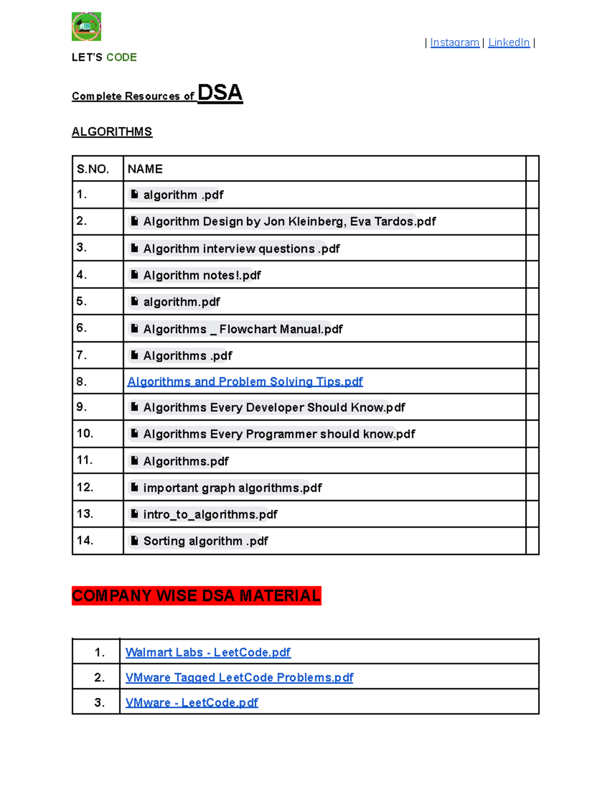 DSA Resources - LET’S CODE Complete Resources of DSA ALGORITHMS S. NAME ...