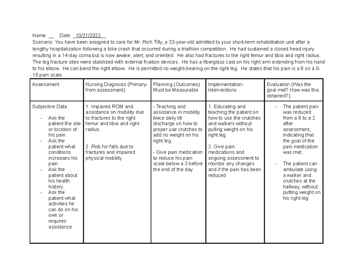 Care Plan #1 Mobility - Name: __ Date: 10/21/2022_ Scenario: You have ...