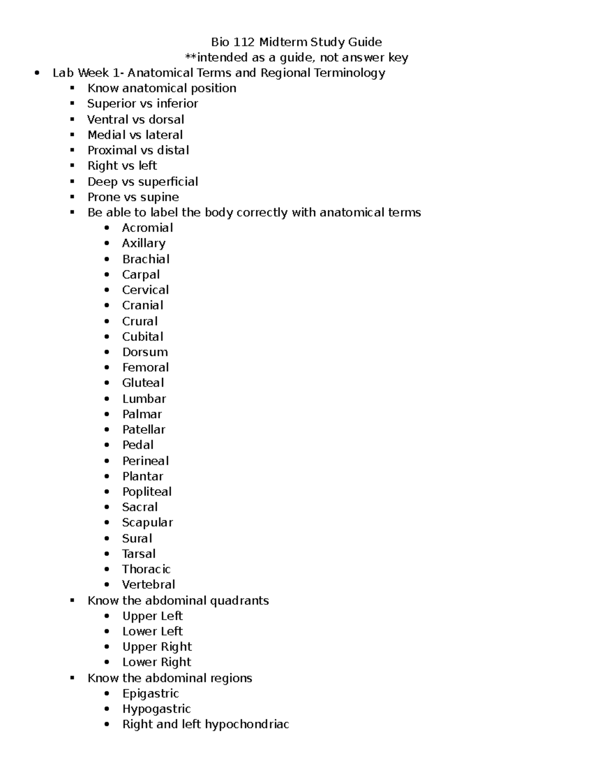 Midterm Study Guide - Bio 112 Midterm Study Guide **intended as a guide ...