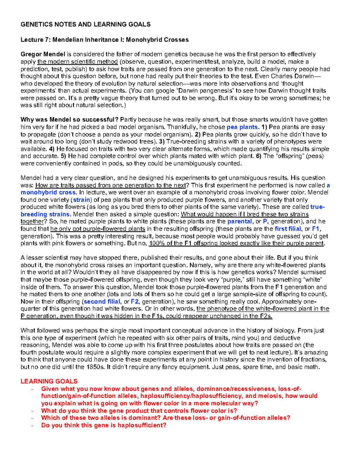 Genetics notes 7 - Mendelian Inheritance I: Monohybrid Crosses ...