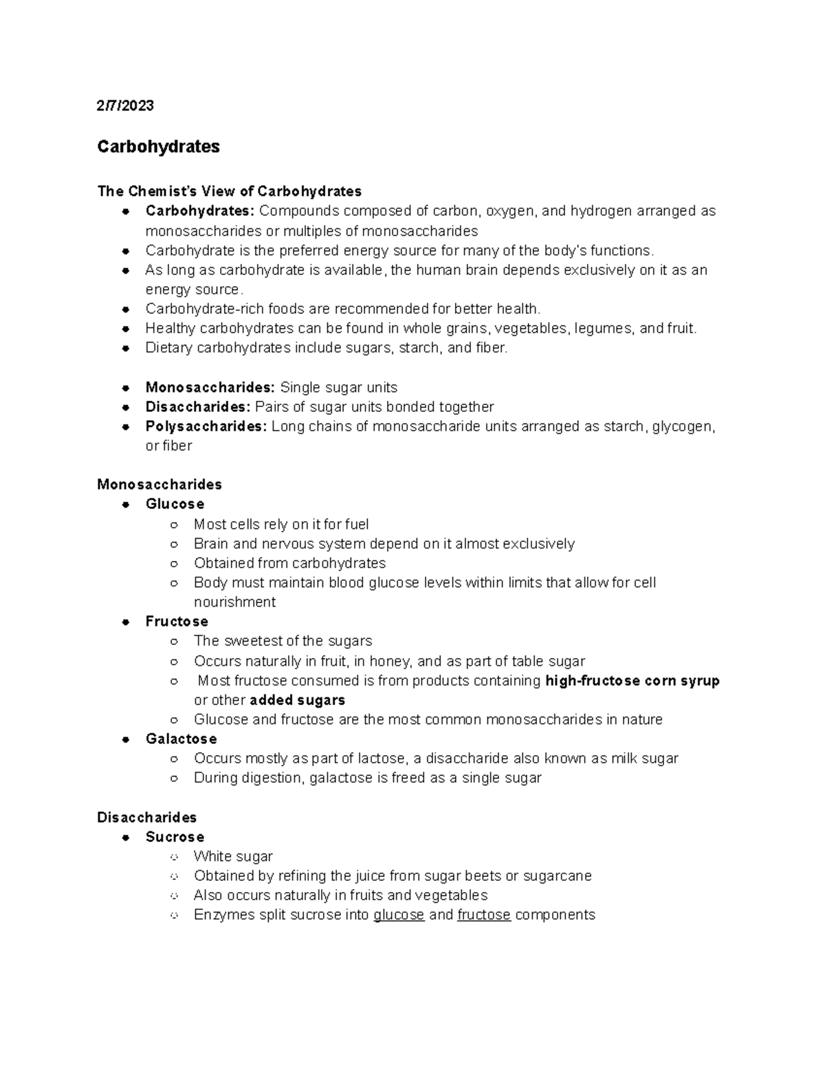 Nutriton Notes 6 - 2/7/ Carbohydrates The Chemist’s View of ...