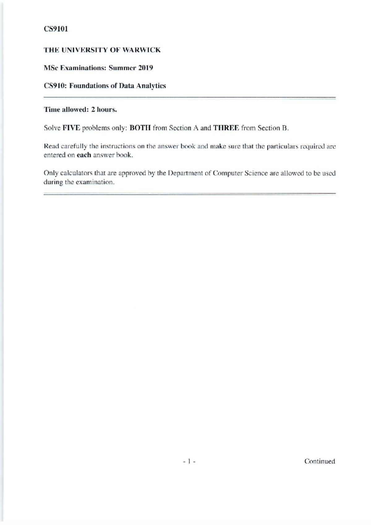 CS910 Foundations of Data Analytics: Practice Paper - CS910 - Studocu