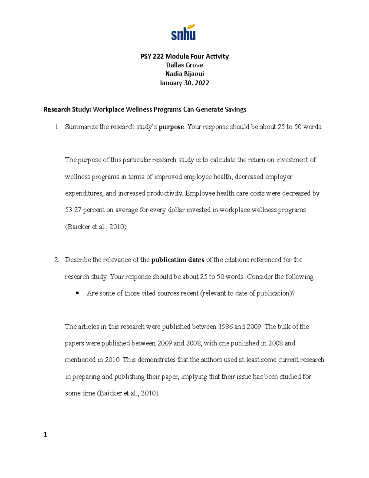 PSY222 Module Four Activity - PSY 222 Module Four Activity Dallas Grove Nadia Bijaoui January 30 ...