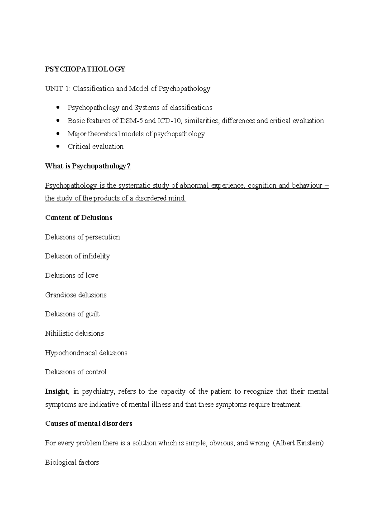 Psycopathology Unit 1 2 - PSYCHOPATHOLOGY UNIT 1: Classification and ...