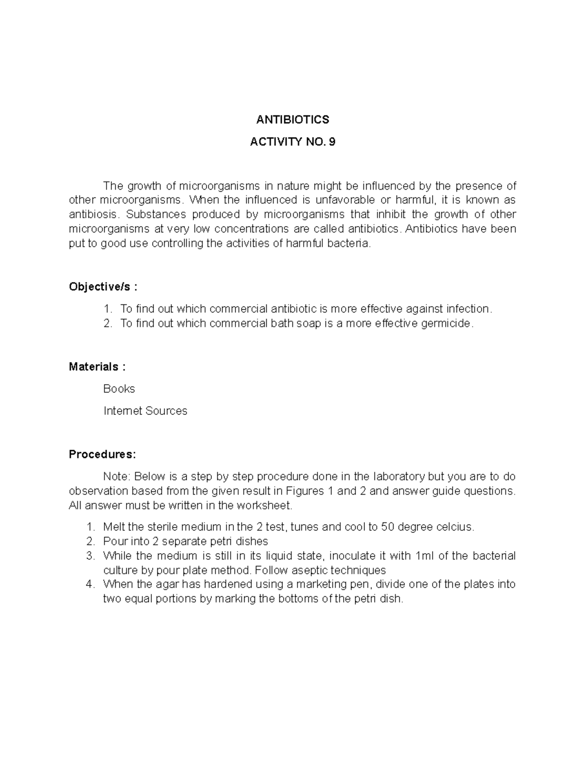 Antibiotics Micro Biology - ANTIBIOTICS ACTIVITY NO. 9 The growth of ...