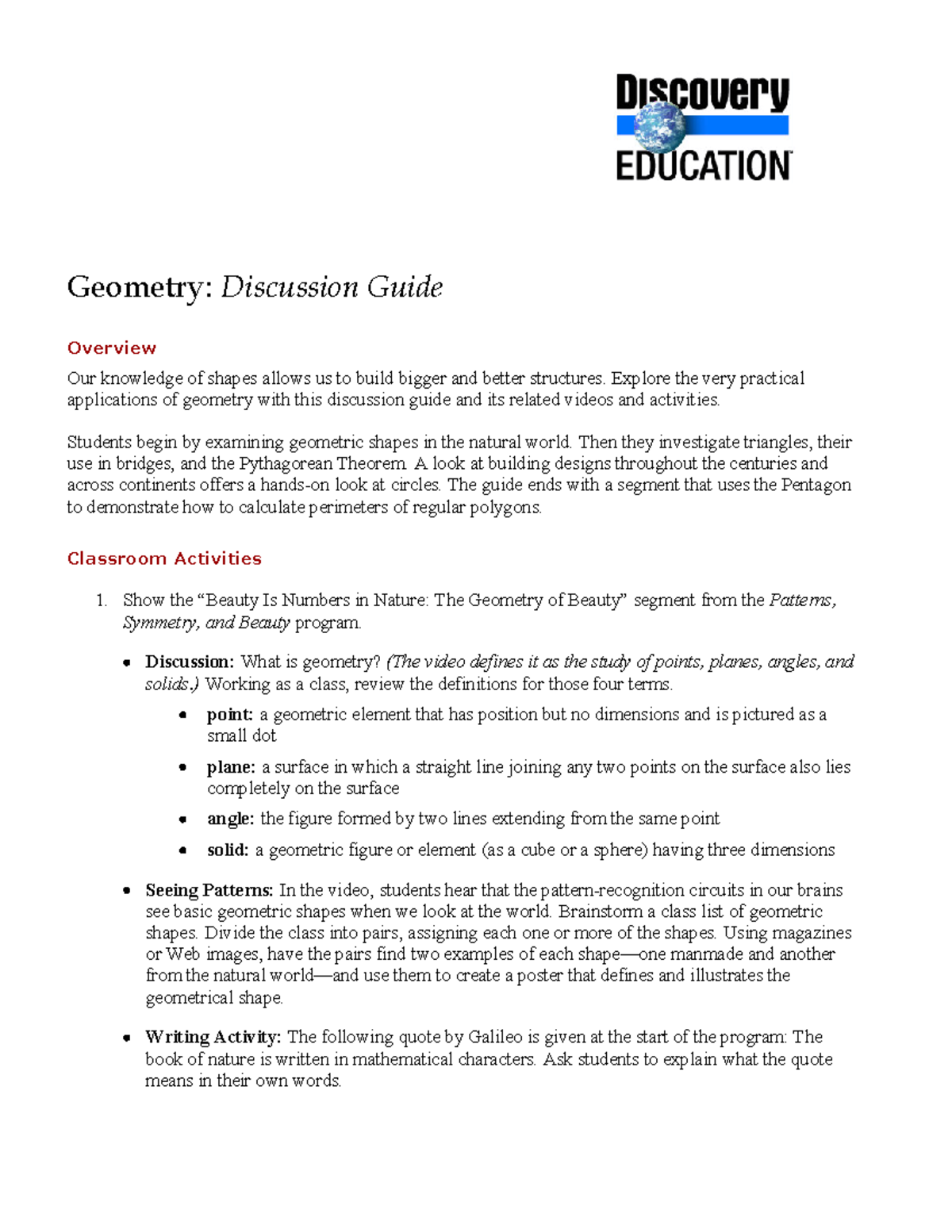 Discover Education-Geometry - Geometry: Discussion Guide Overview Our ...