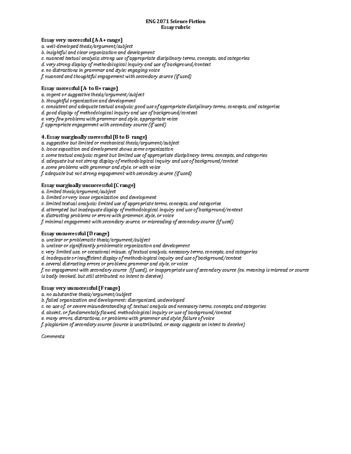 ENGLISH 2071 Grading Rubric - ENG 2071 Science Fiction Essay rubric ...