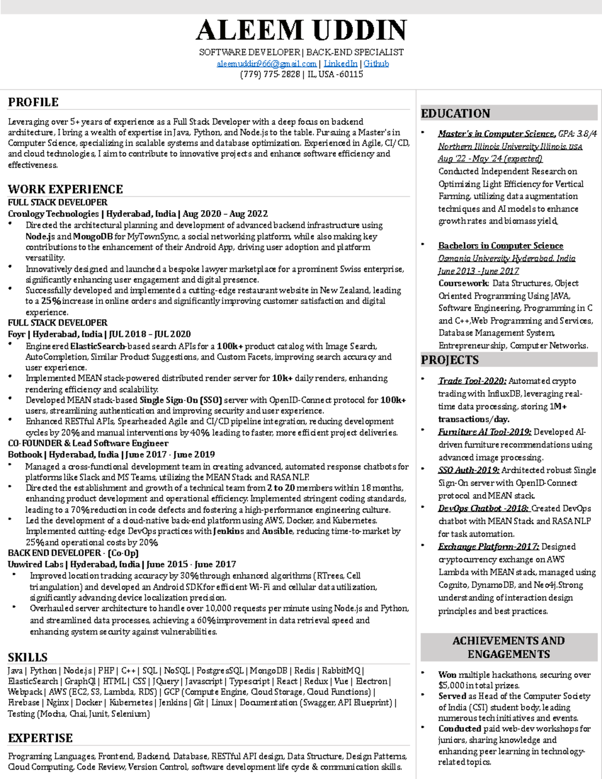 Aleem Uddin 966 Resume - N/A - ALEEM UDDIN SOFTWARE DEVELOPER | BACK-END SPECIALIST - Studocu