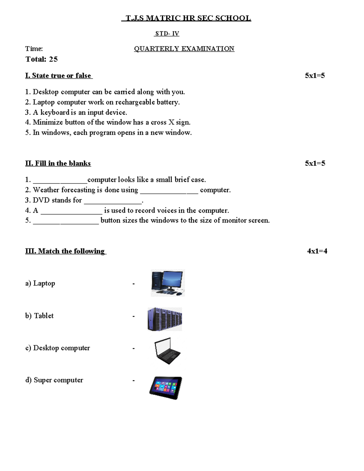 1st Mid Term Test 4th Std - T.J MATRIC HR SEC SCHOOL STD- IV Time ...