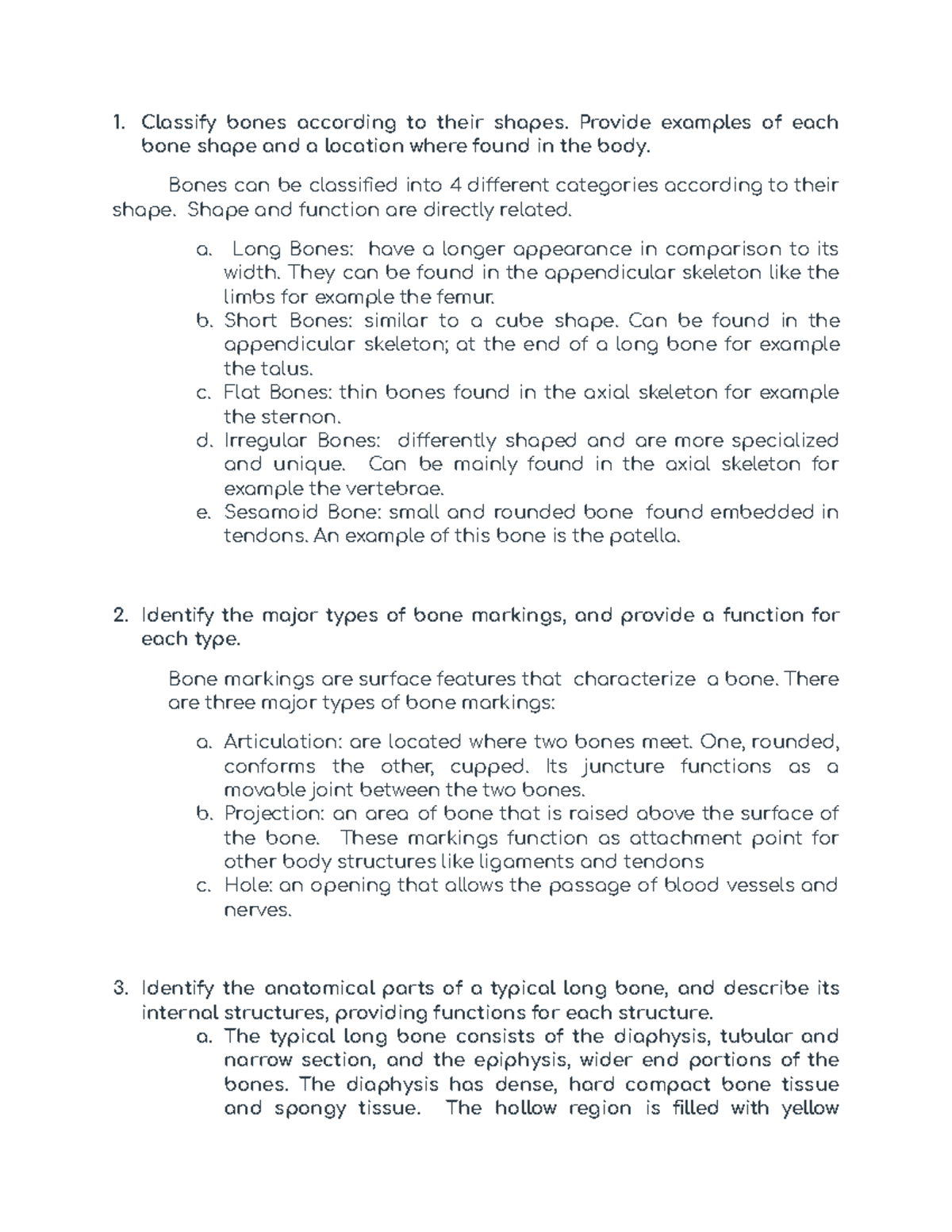 Skeletal System Assignment - Classify bones according to their shapes ...