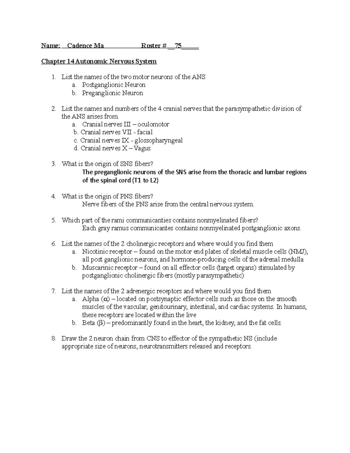 ANS worksheet - Name: Cadence Ma Roster # 75___ Chapter 14 Autonomic ...
