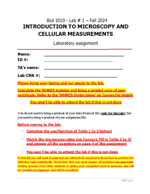 Lab 1- Biol 2030 - Pre-Lab Assignment-Calcularions-F2024 - 1 | P a g e Biol 2030 - Lab # 1 ...