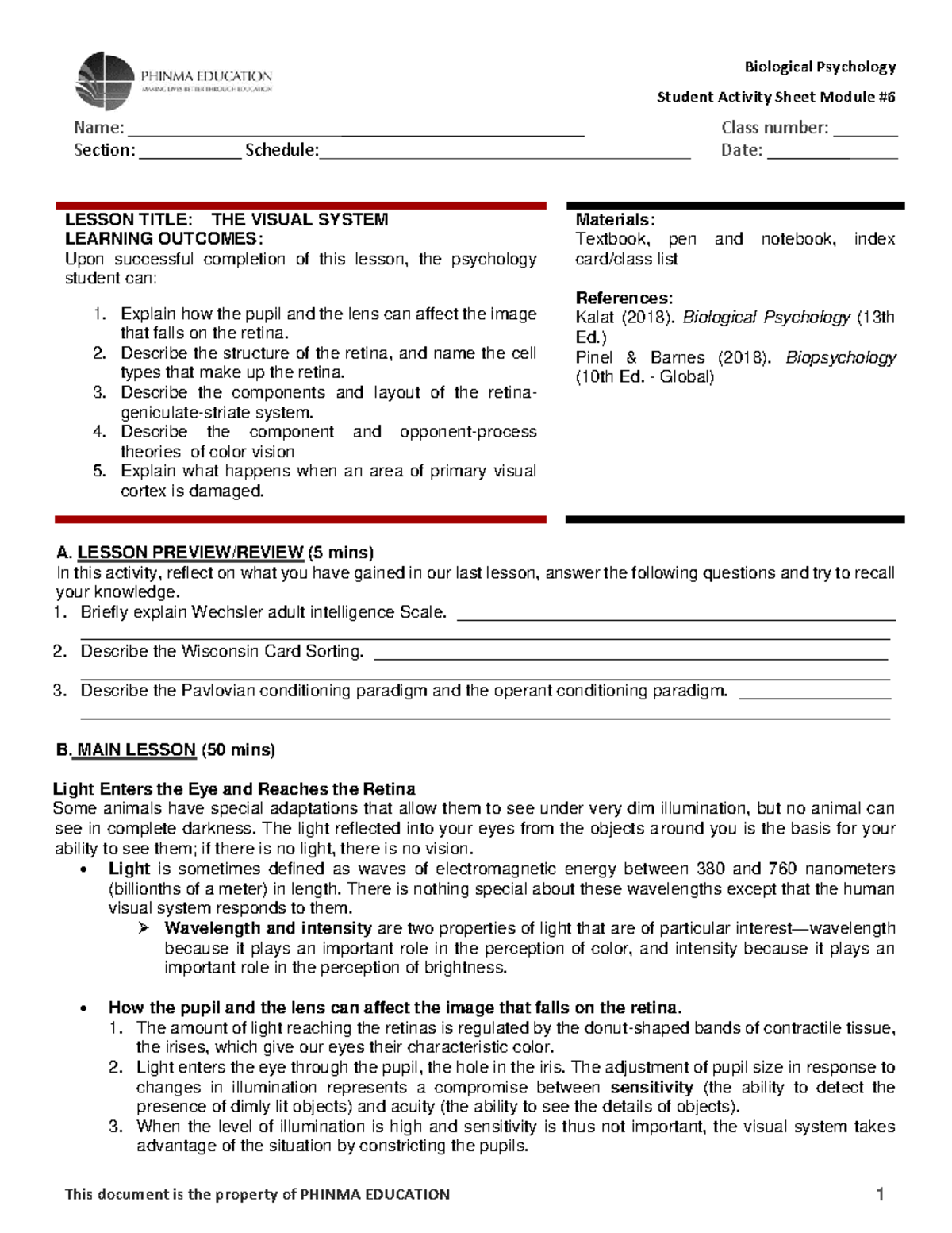 SAS Module 6 THE Visual System - Student Activity Sheet Module # Name: - Studocu