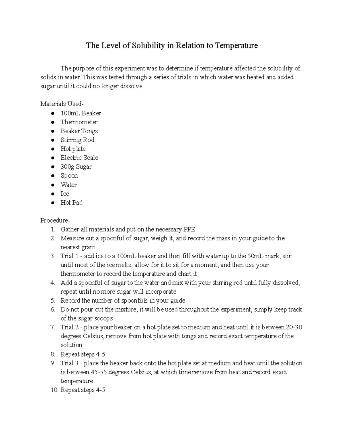 Solubility Lab Report - The Level of Solubility in Relation to ...
