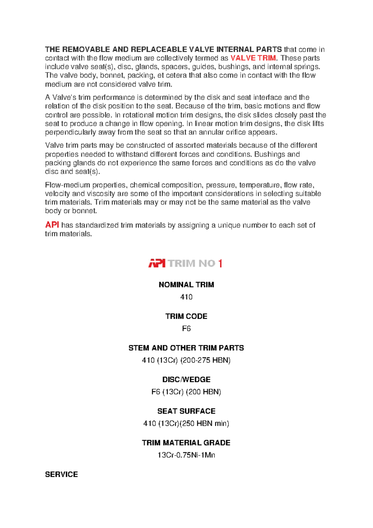 Trims Chart - THE REMOVABLE AND REPLACEABLE VALVE INTERNAL PARTS that ...