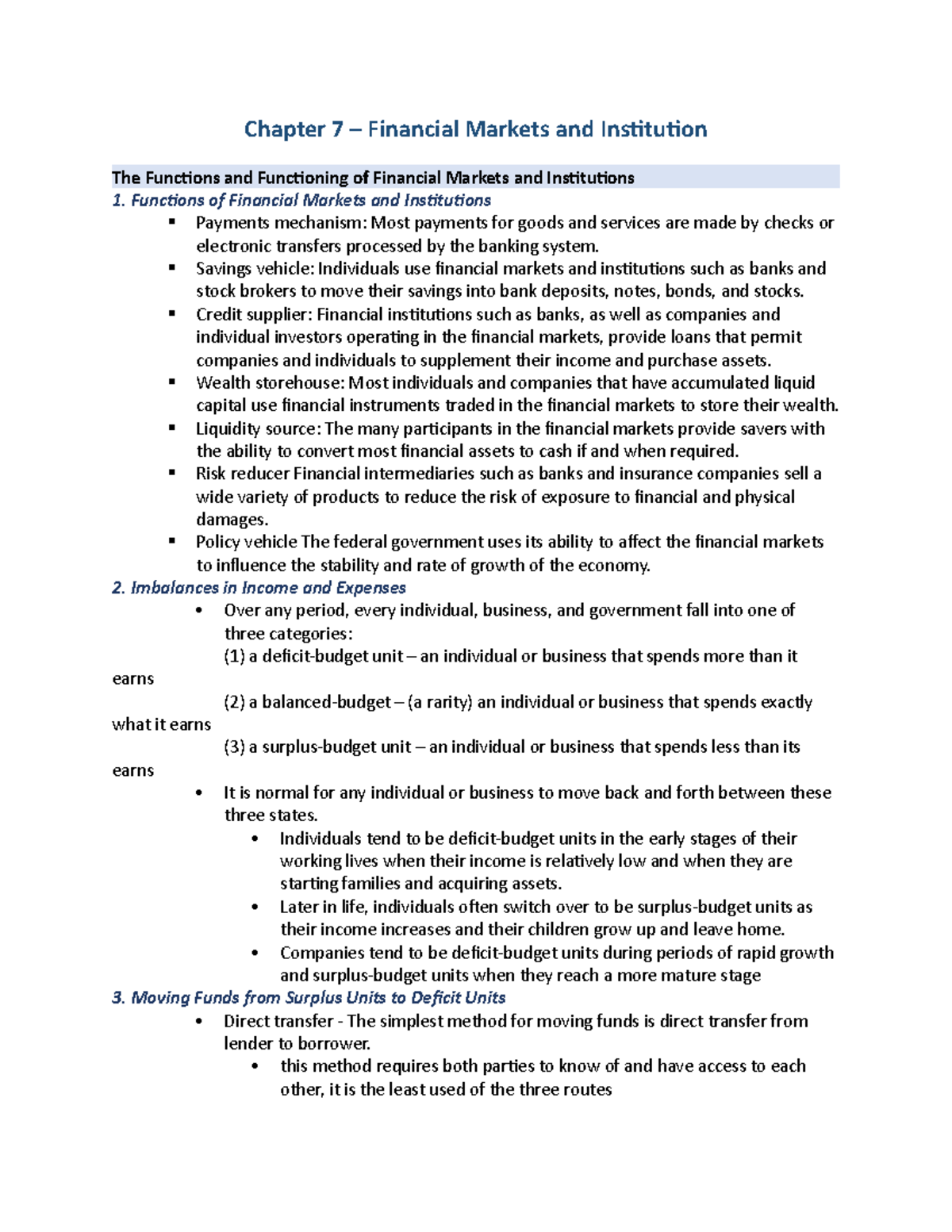 Artifact Chapter 7 - reading assignment - Chapter 7 – Financial Markets ...