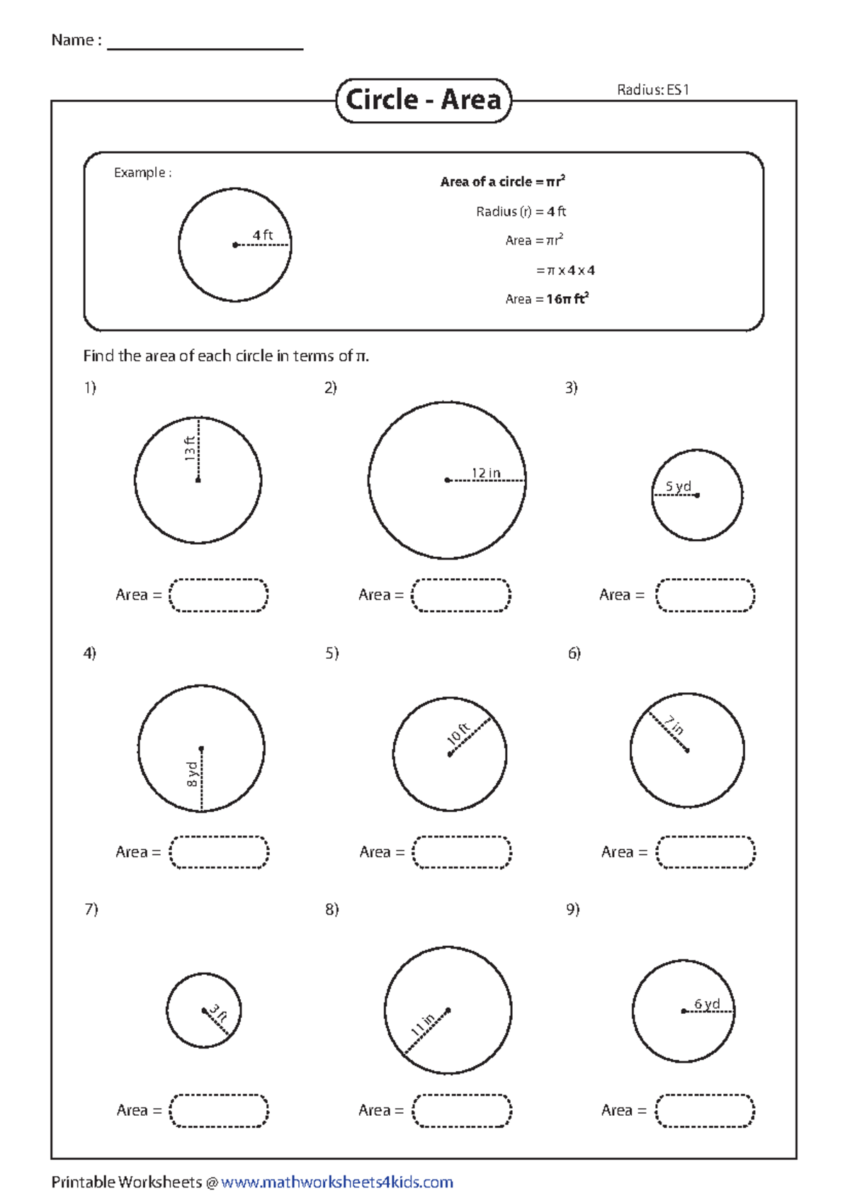 Area radius easy 1 - First year math problems - 1) 2) 3) 7) 8) 9) 4) 5 ...