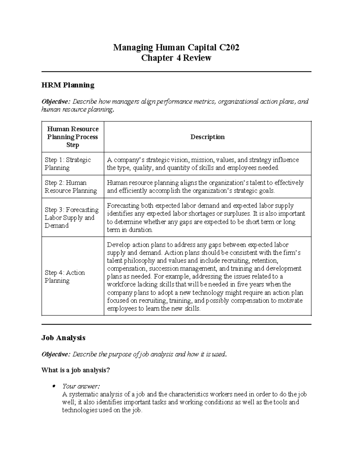 Chapter 4 Review - Managing Human Capital C Chapter 4 Review HRM Planning Objective: Describe ...