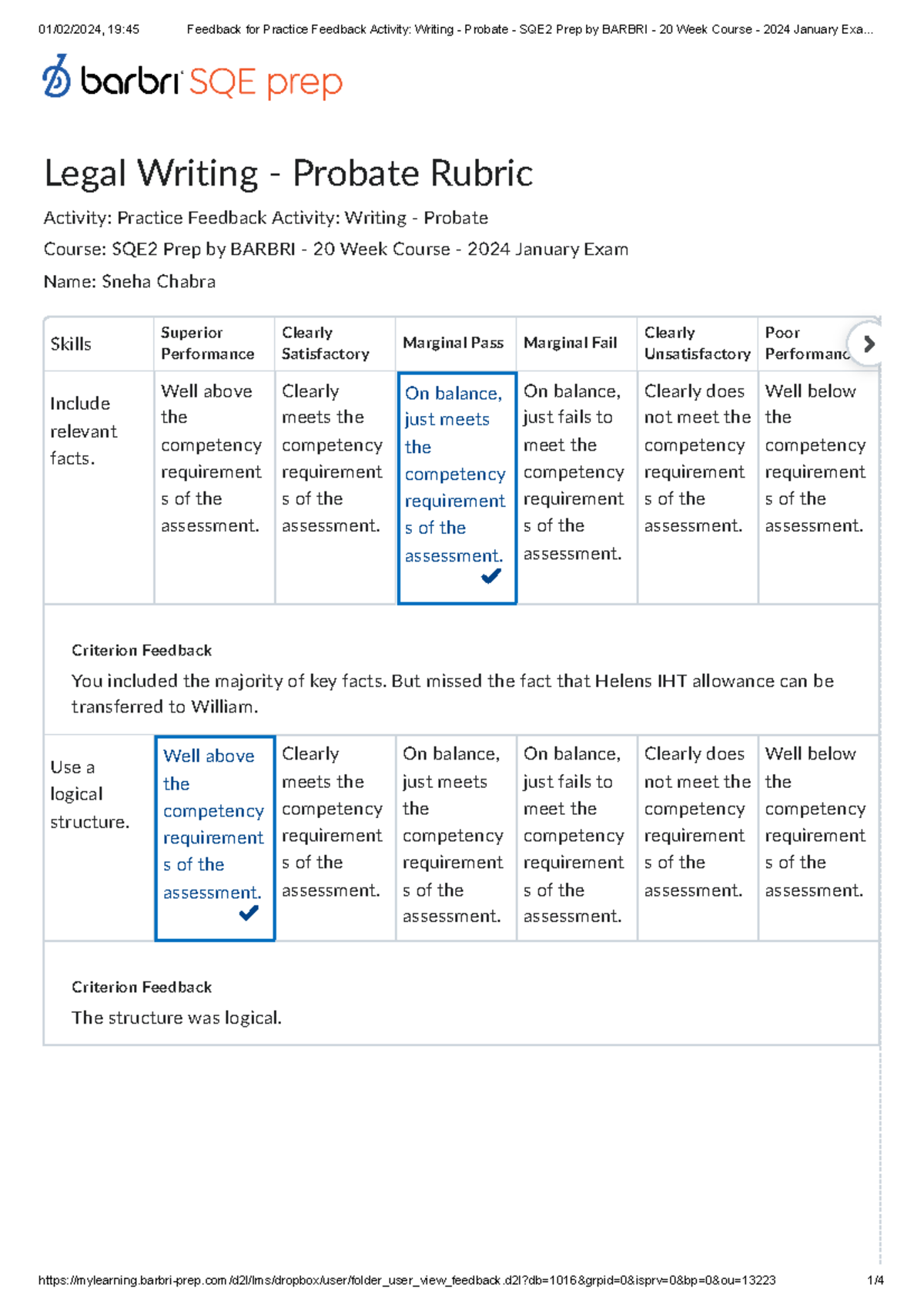 Feedback forrbri - Legal Writing - Probate Rubric Activity: Practice ...