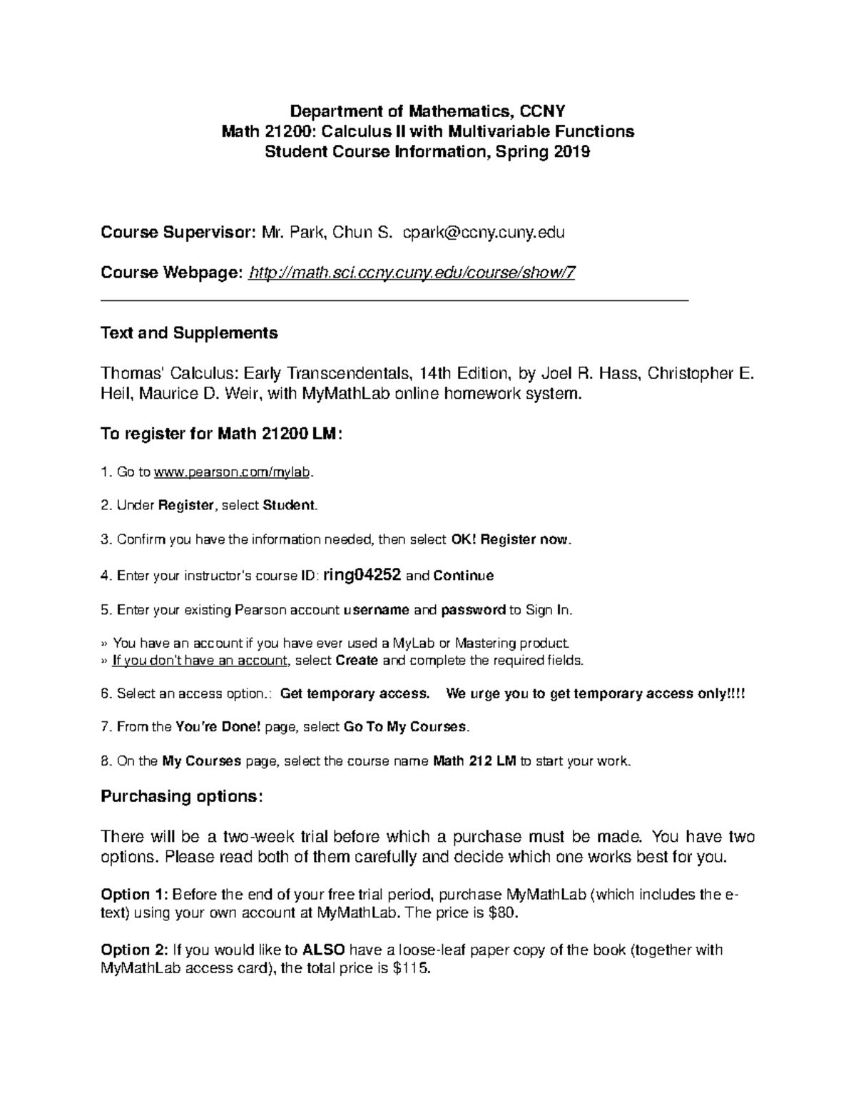 Calc 212 Student Course Information - Department of Mathematics, CCNY ...