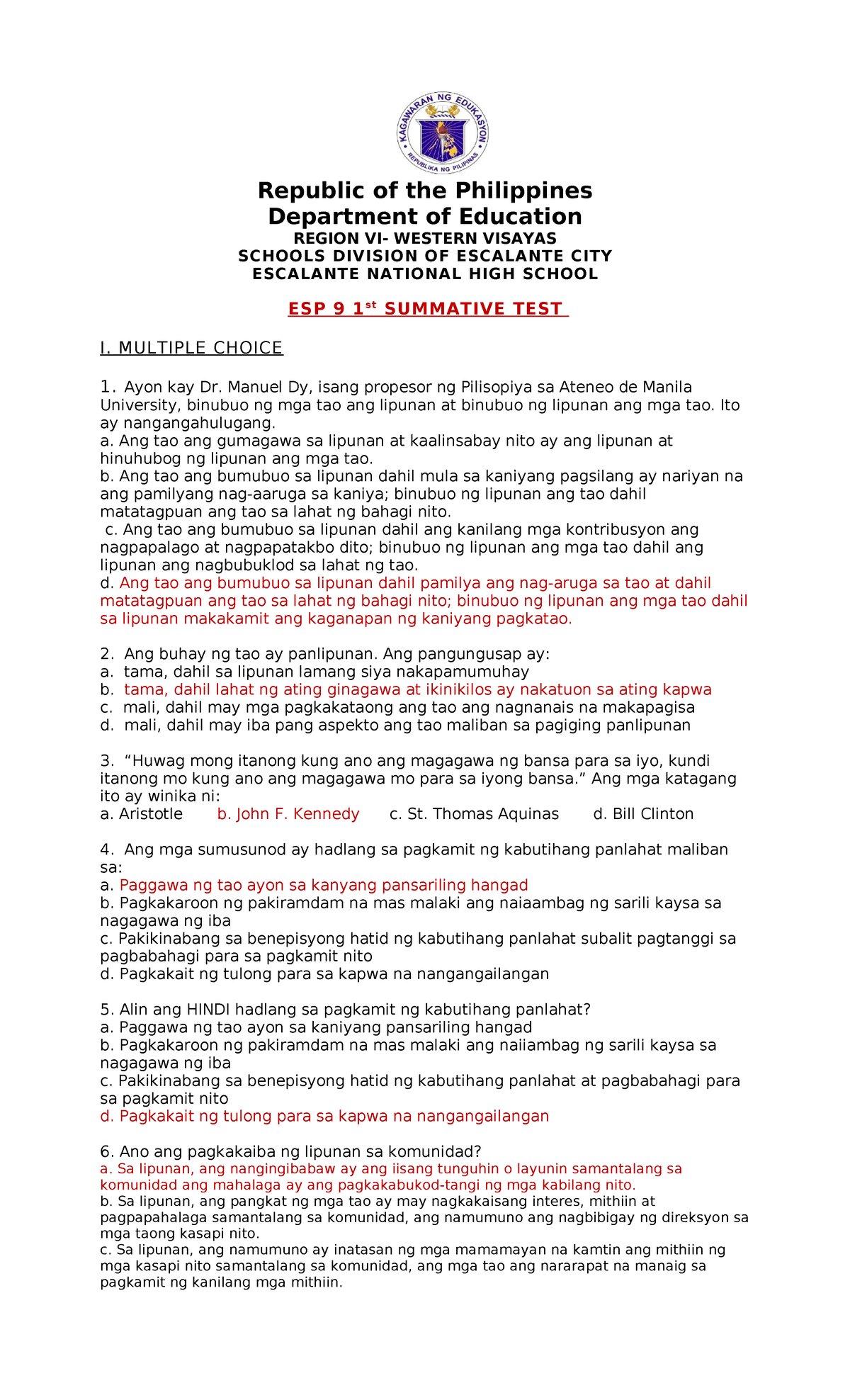 1st summative test with key answers - Republic of the Philippines ...