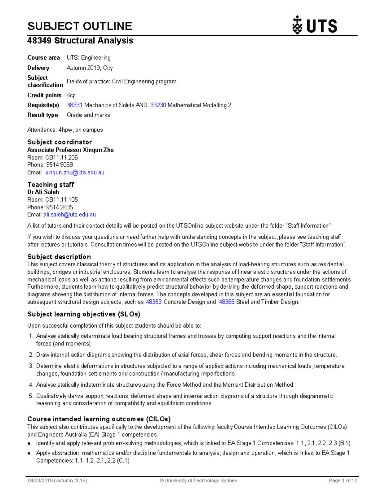 2019 Autumn 48349 v3 standard city 4-3-19 - SUBJECT OUTLINE 48349 Structural Analysis Course ...