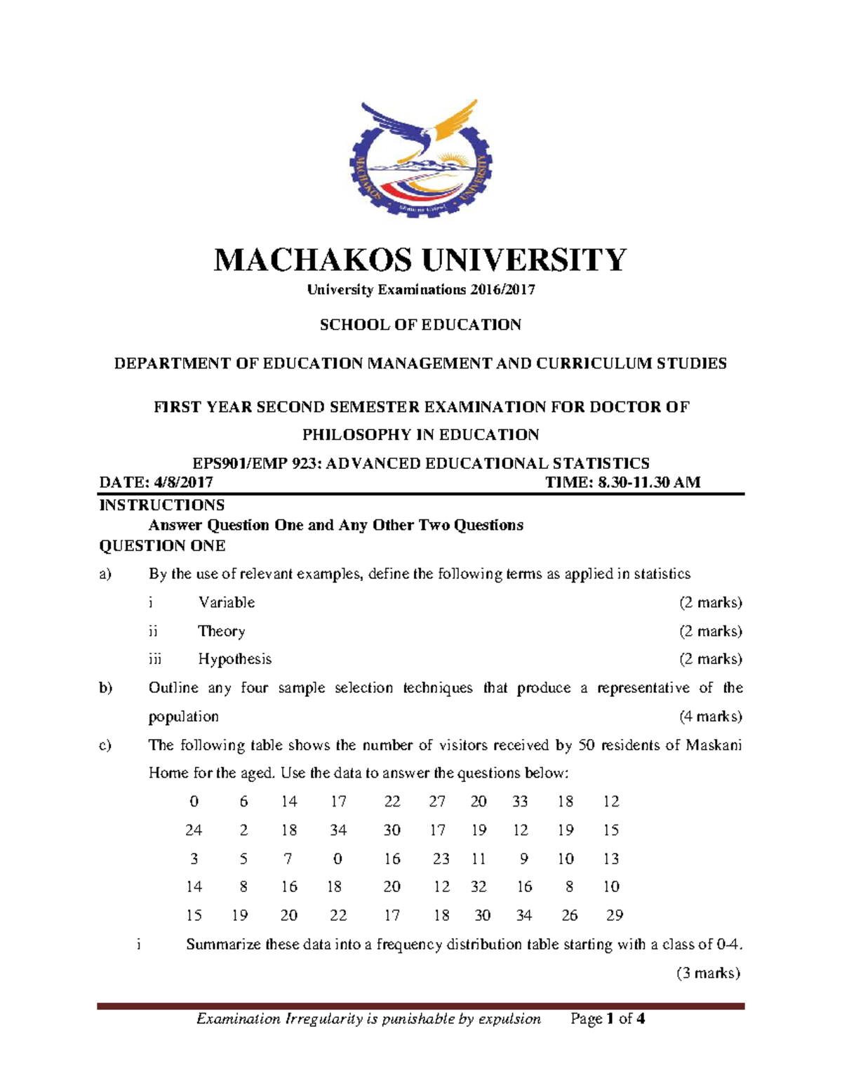 EMP 923 Advanced Educational Statistics past paper 2017 august ...