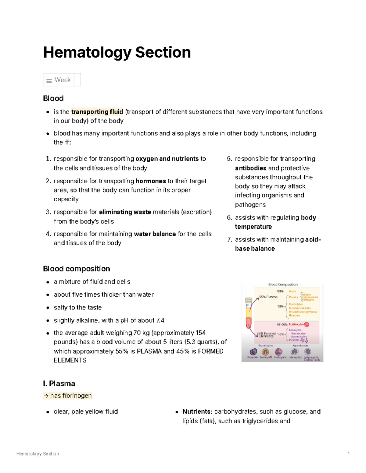 Hematology Section - reviewer - Hematology Section Week Blood is the ...