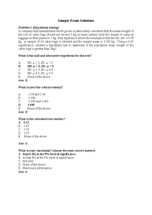 Exam 2 August 2017, answers - Sample Exam #2 - Solutions Question 1 The ...
