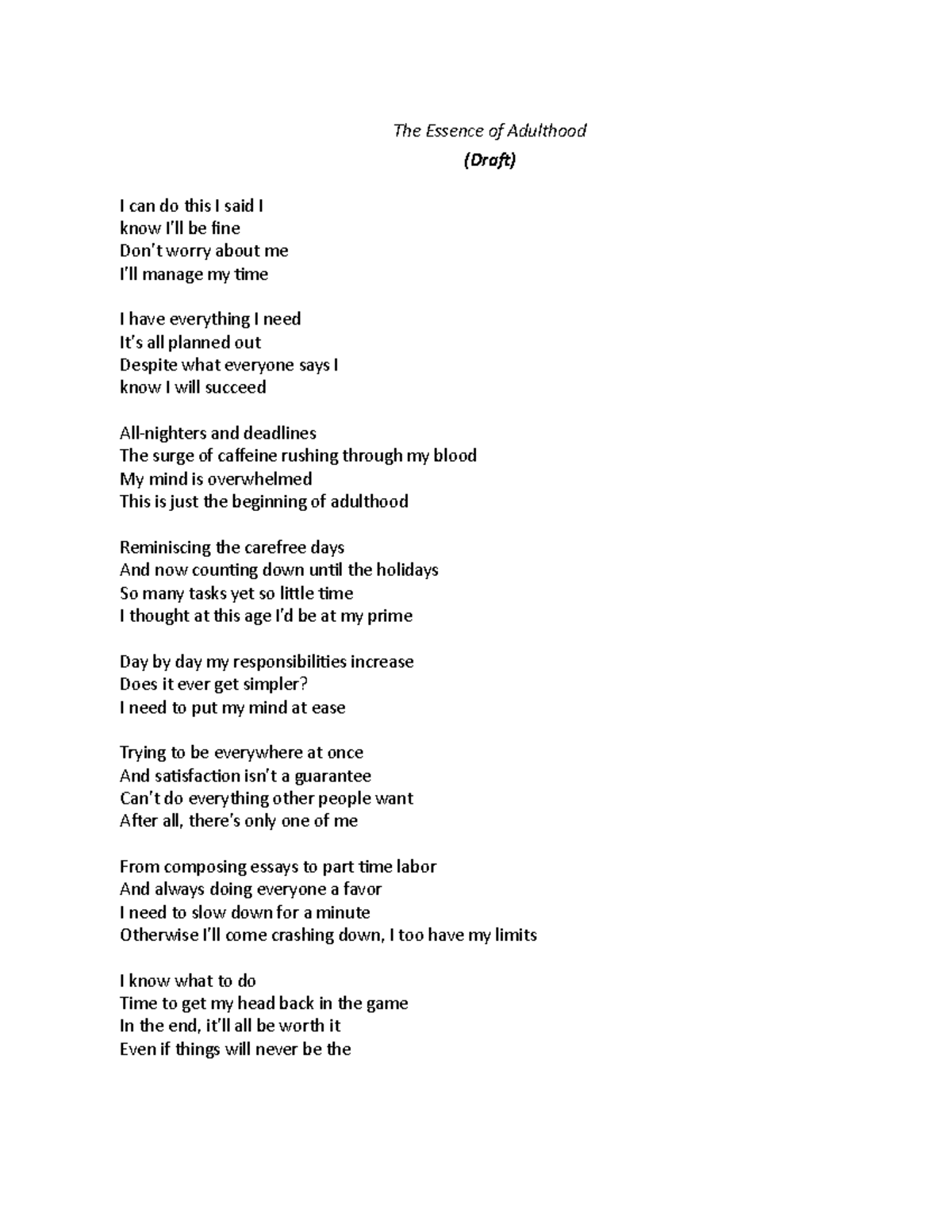The Essence of Adulthood Poem - The Essence of Adulthood (Draft) I can ...
