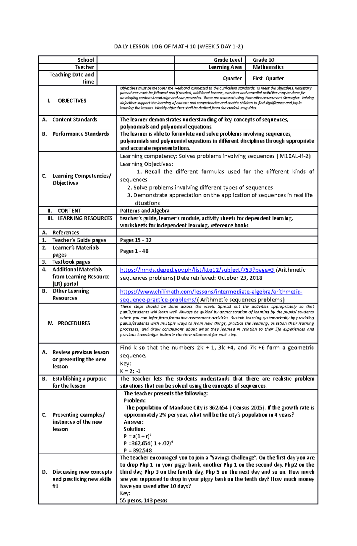 WEEK 5 DAY 1-2 - Lesson log - DAILY LESSON LOG OF MATH 10 (WEEK 5 DAY 1 ...