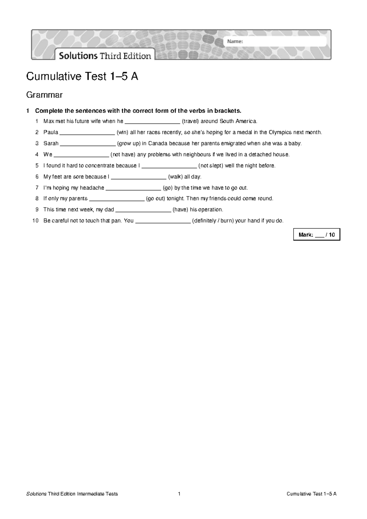 Sol3e int cumulative test 1-5 test a - Cumulative Test 1–5 A Grammar 1 ...
