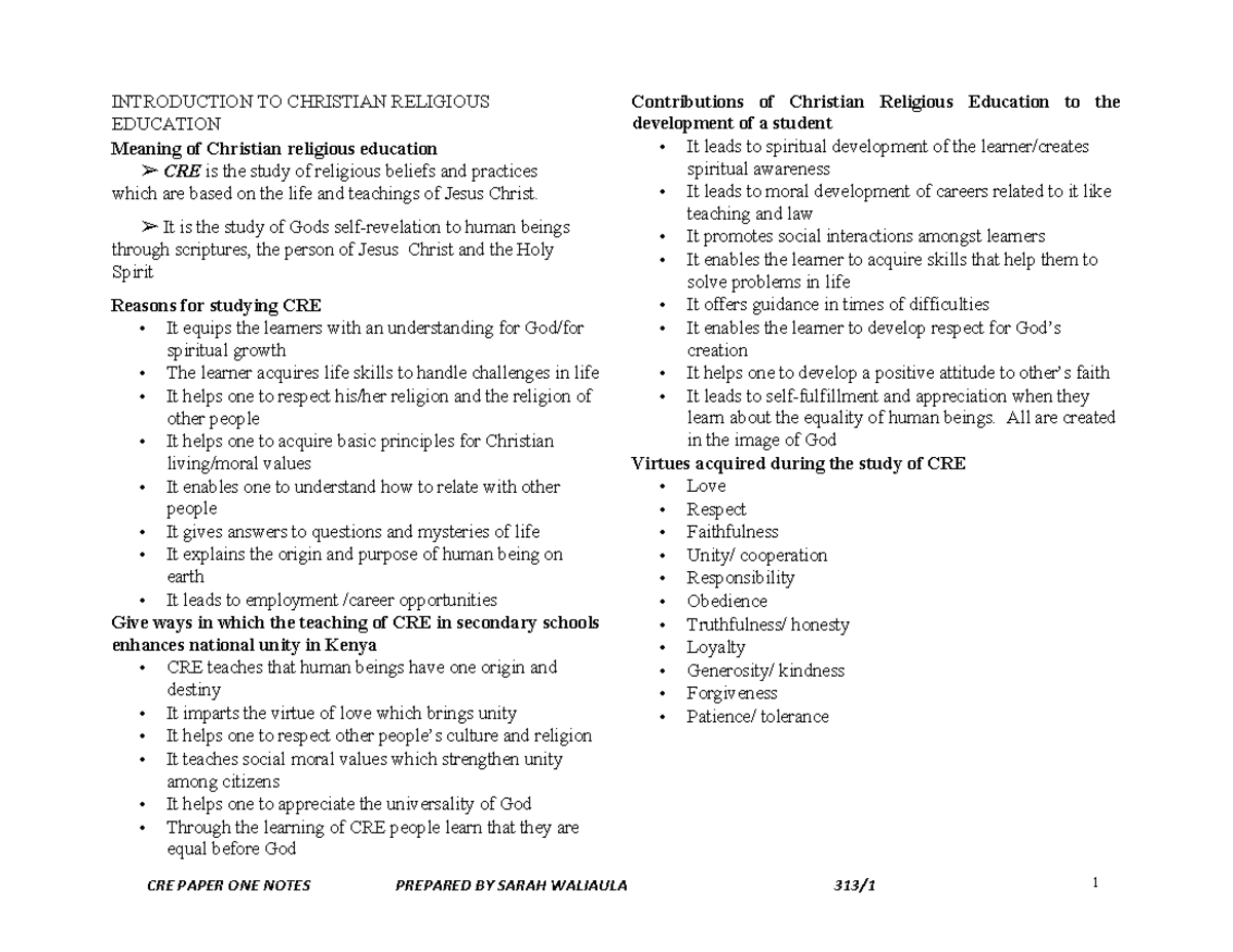 CRE FORM ONE - Cre form one summarized notes - INTRODUCTION TO ...