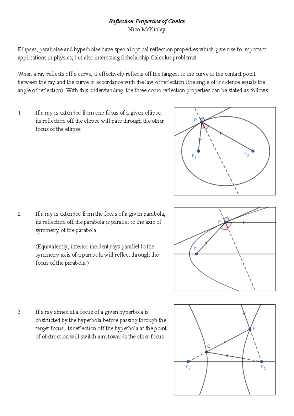 Reflection Properties of Conics - With this understanding, the three ...