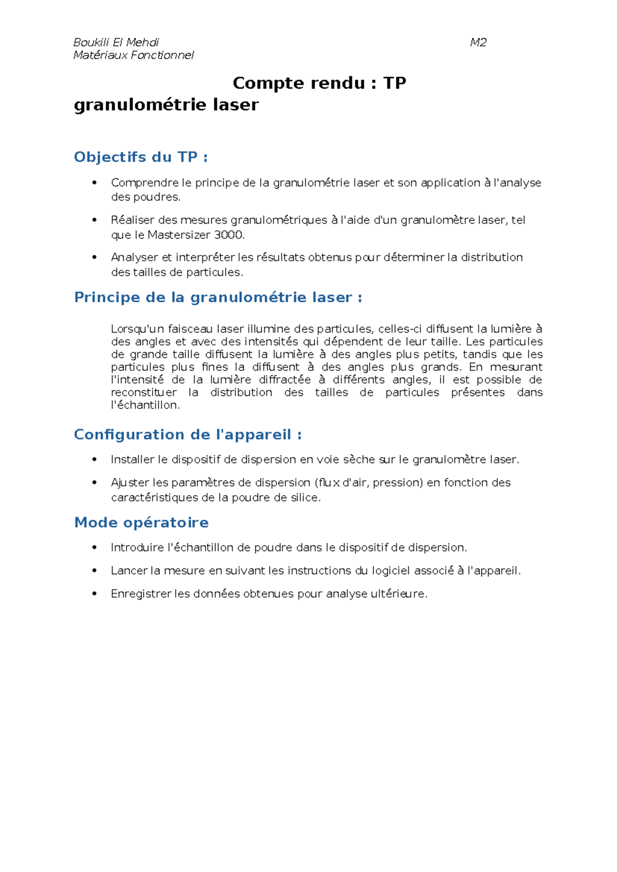 Objectifs du TP - CHIMIE - Matériaux Fonctionnel Compte rendu : TP granulométrie laser Objectifs ...