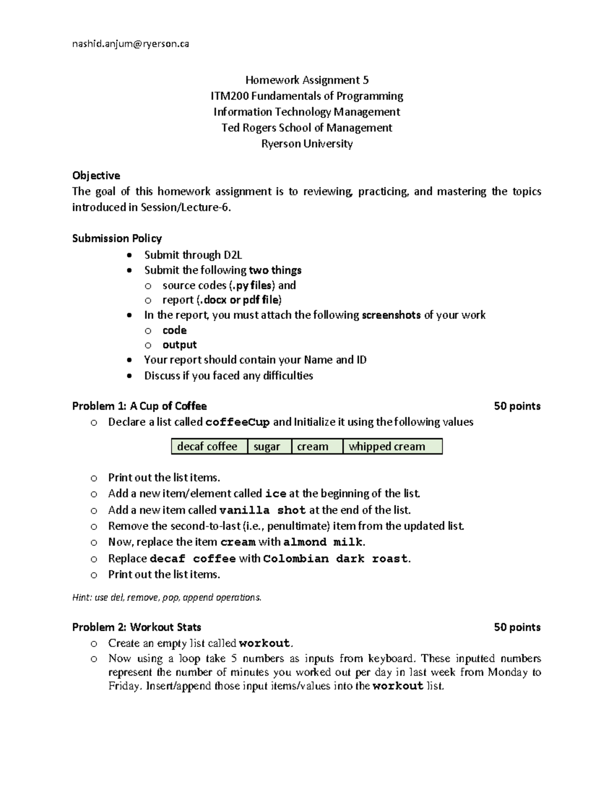 Homework Assignment 5 Ryerson university - nashid@ryerson Homework ...
