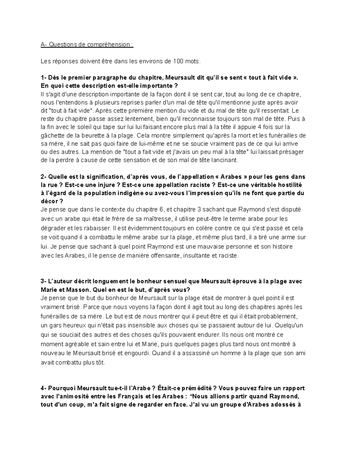 Test de lecture - French assignment - A- Questions de compréhension ...