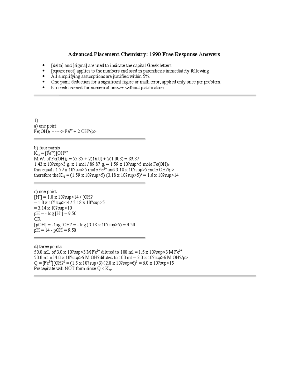 Answers 1990 Free Response - Advanced Placement Chemistry: 1990 Free ...