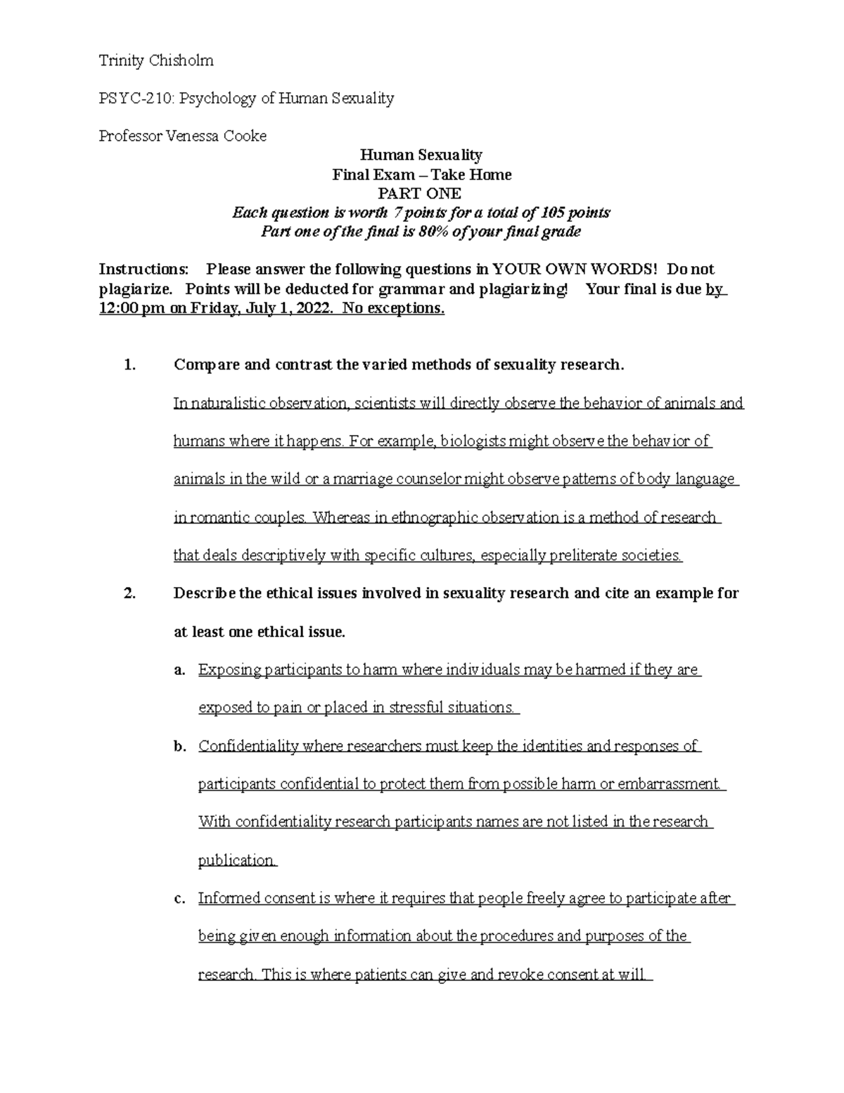 Practice final exam - PSYC-210: Psychology of Human Sexuality Professor ...