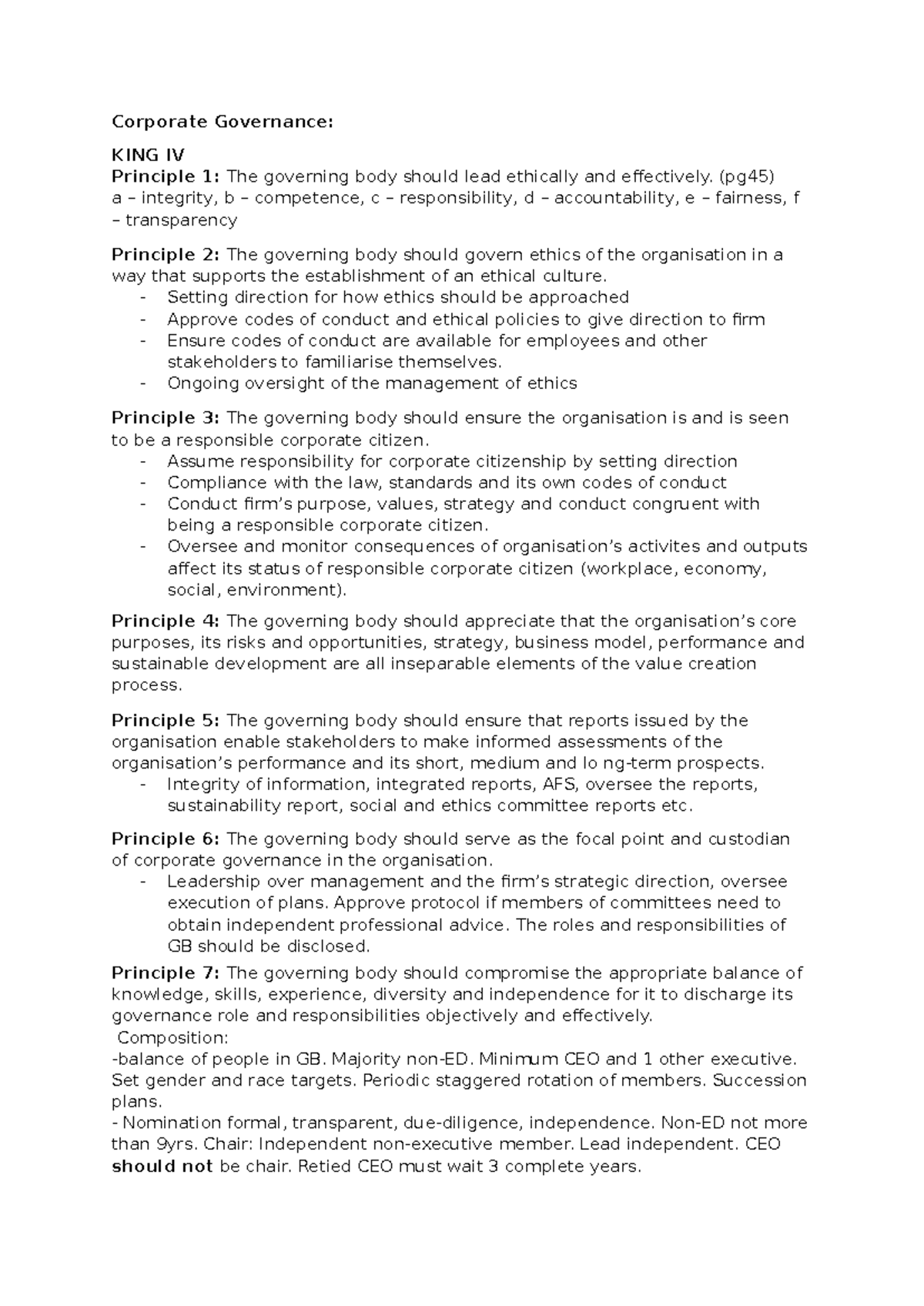 GAA Summary - Corporate Governance: KING IV Principle 1: The governing ...