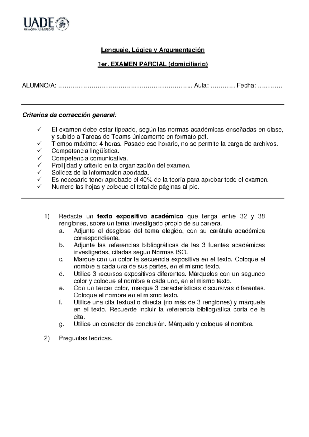 Lenguaje, Lógica y Argumentación. Modelo del Primer Parcial - Lenguaje, Lógica y Argumentación ...
