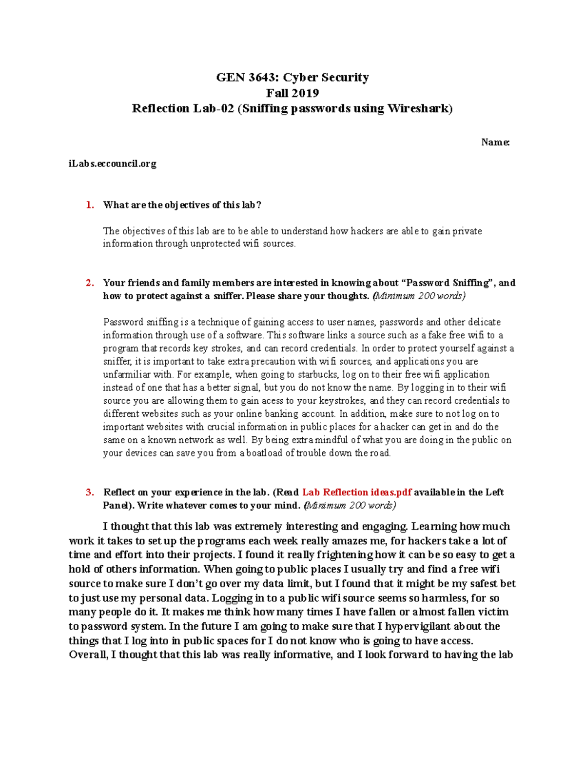 Lab-02-Reflection - Homework questions and answers - GEN 3643: Cyber ...