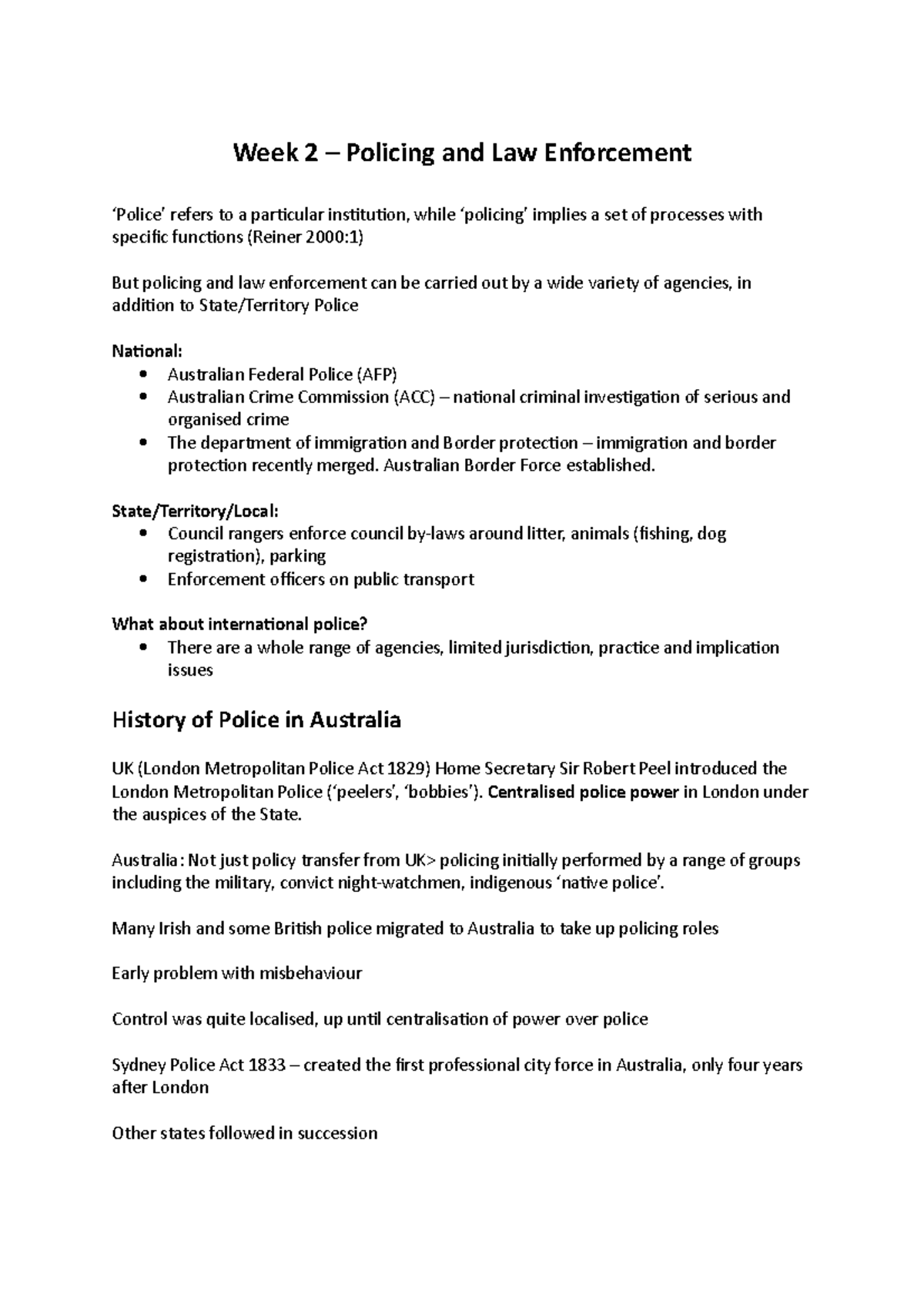 Week 2 – Policing and Law Enforcement - Week 2 – Policing and Law ...