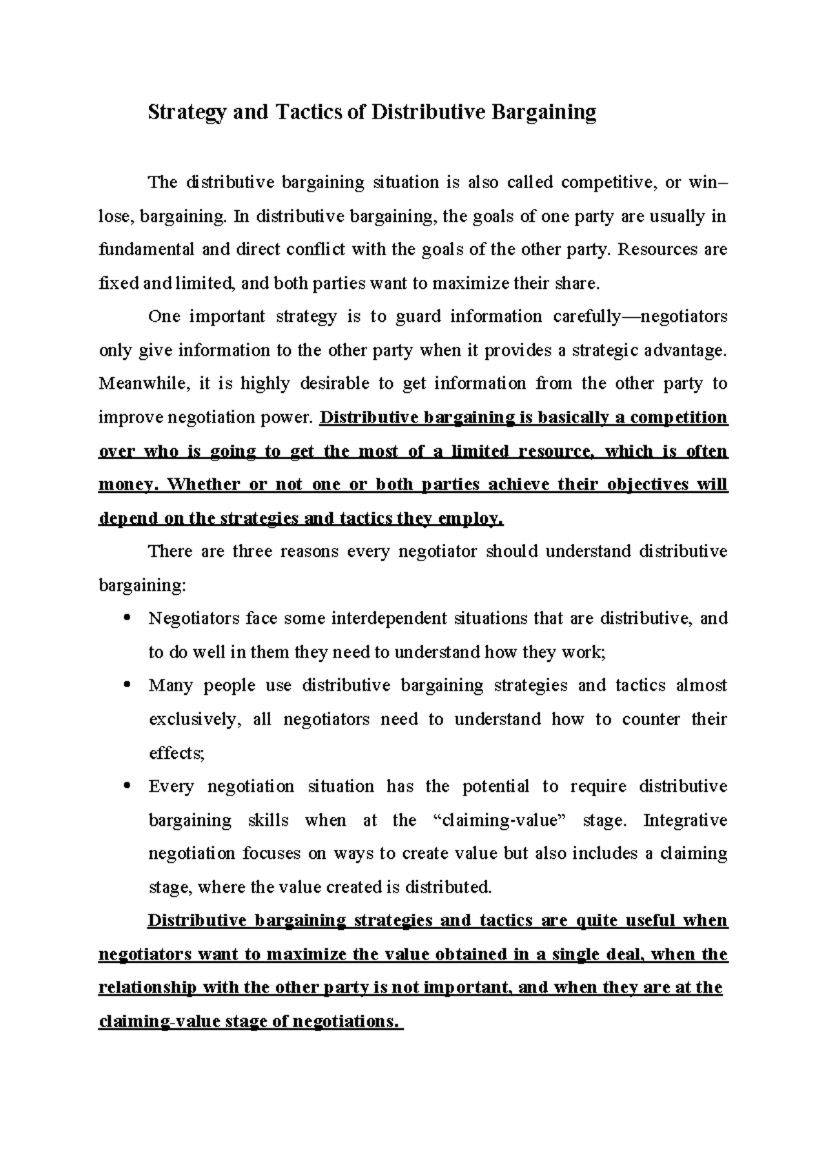 Distributive bargaining - lecture (part one) - Strategy and Tactics of ...