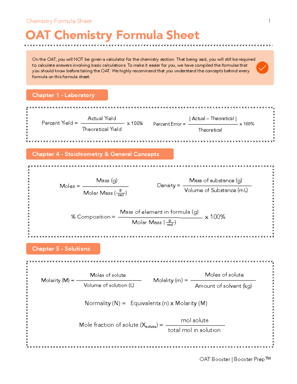 OATBooster Chemistry Formula Sheet - OAT Chemistry Formula Sheet On the ...