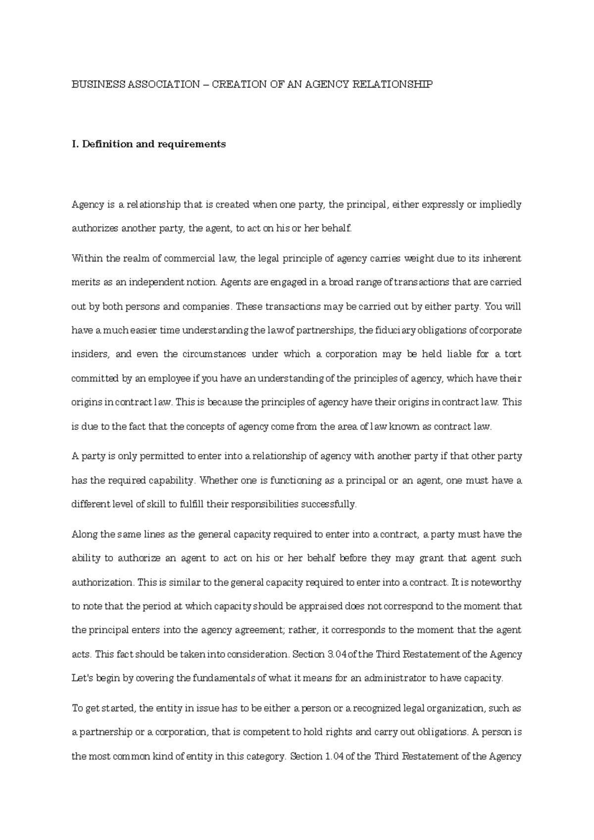 Business Associations - Agencies - Creation OF AN Agency - Class Notes ...